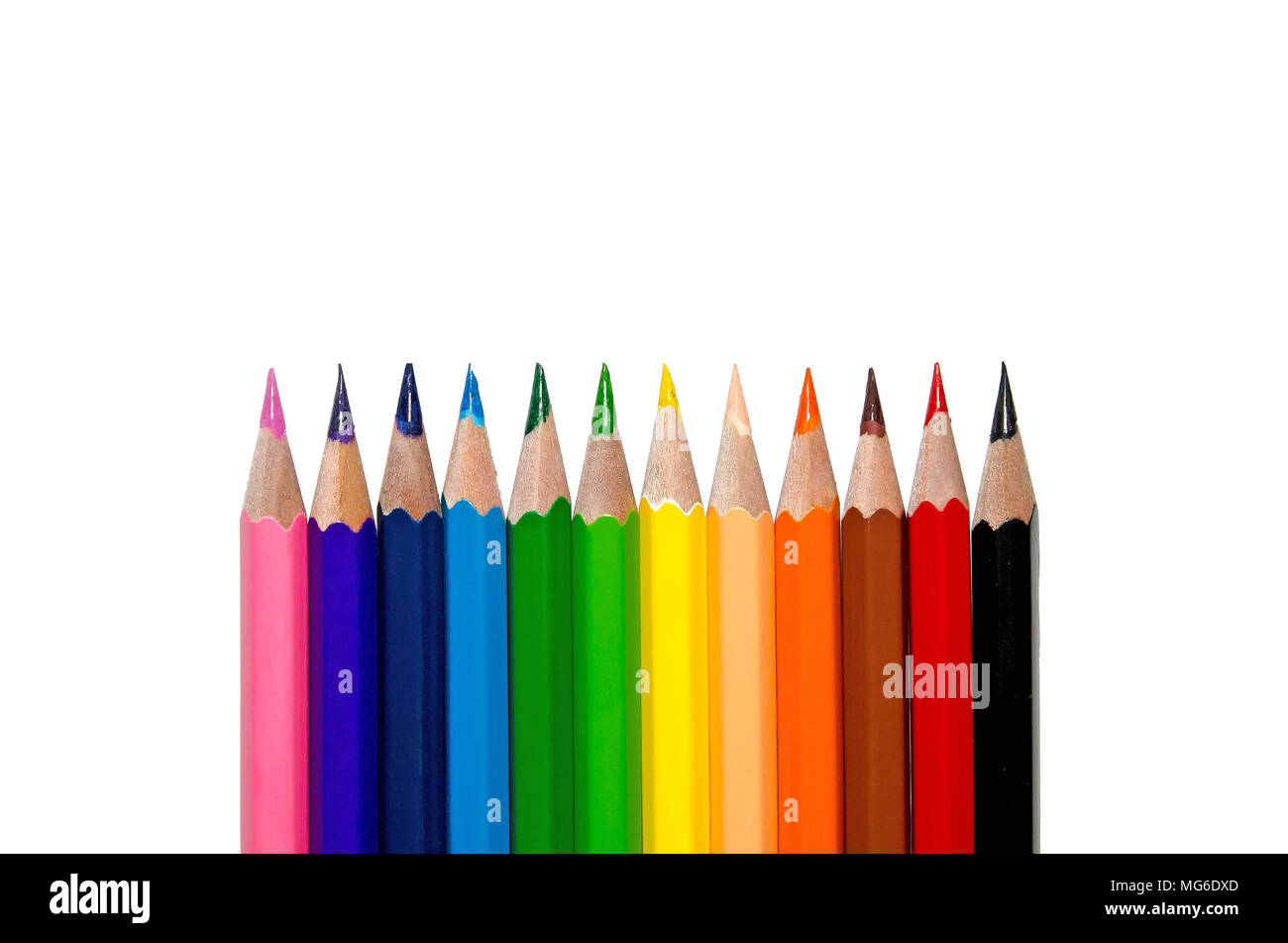 Group of color pencil and pattern of color pencil on white background ...
