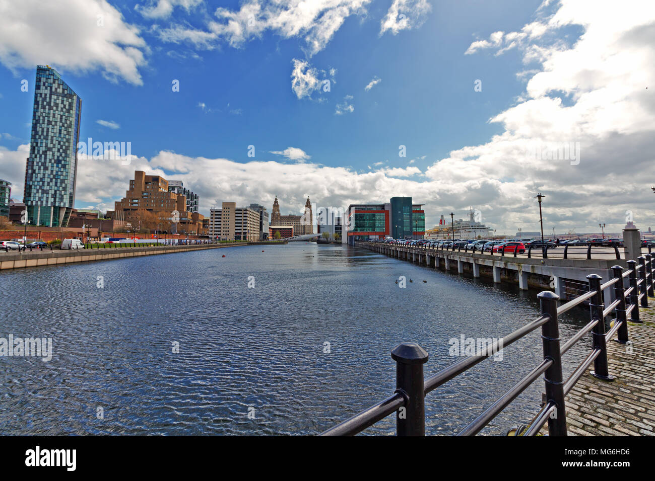 Looking towards the Liver Building along Princes Dock in Liverpool UK ...