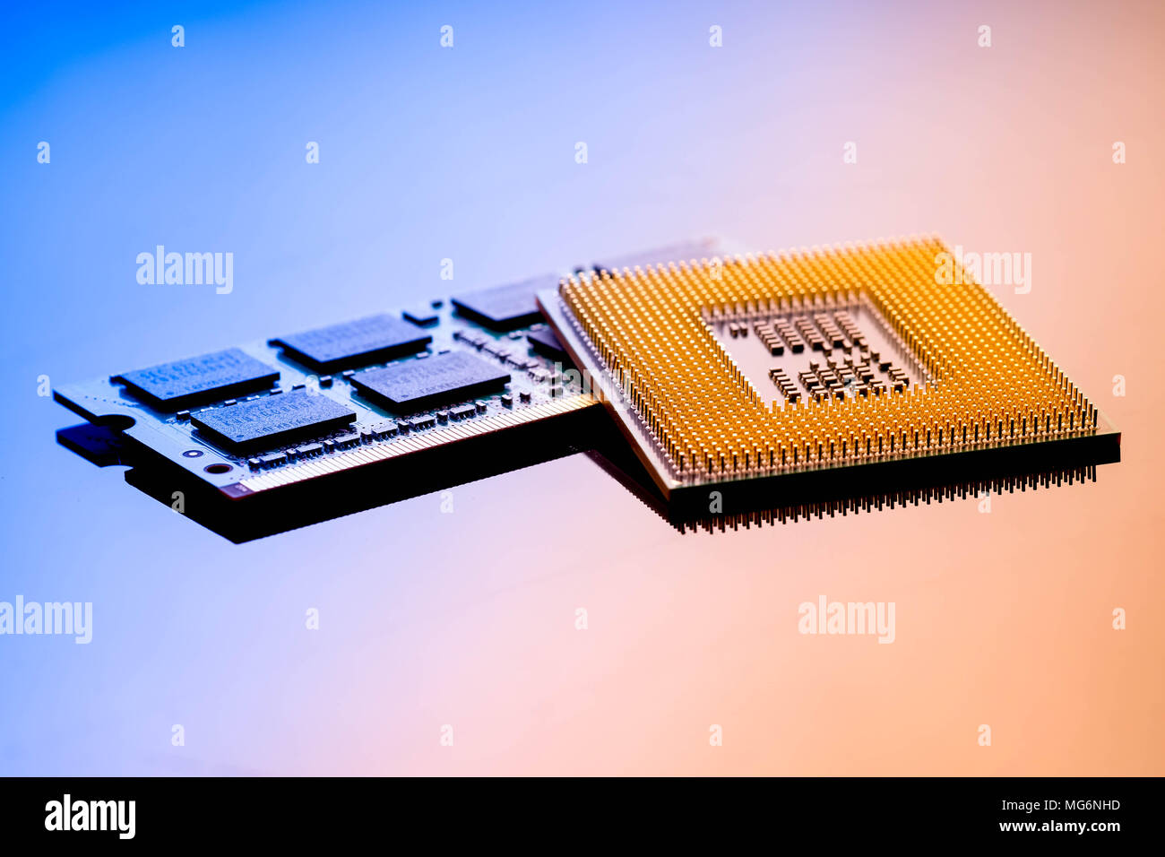 technology cyber electronic concept. cpu ram computer on blue light ...