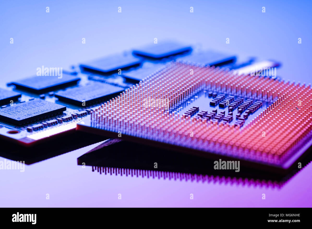 technology cyber electronic concept. cpu ram computer on blue light ...