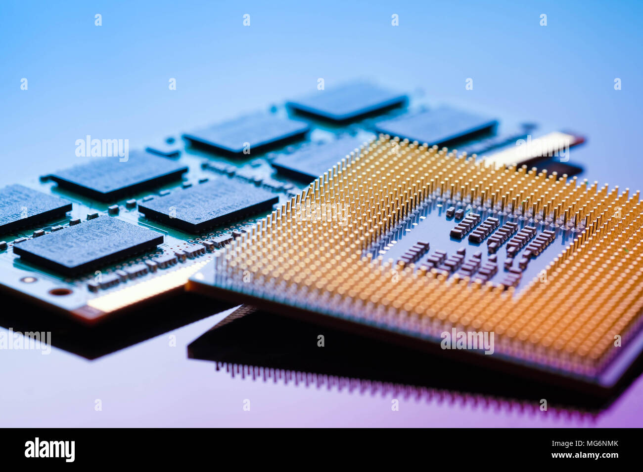 technology cyber electronic concept. cpu ram computer on blue light ...