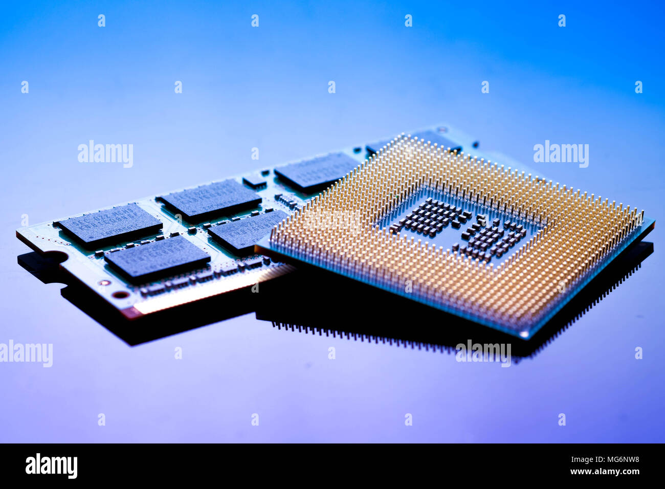 technology cyber electronic concept. cpu ram computer on blue light ...