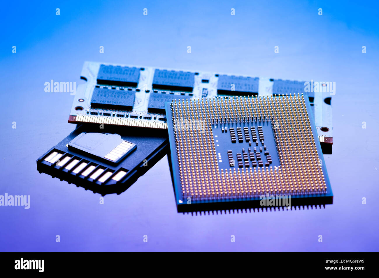 technology cyber electronic concept. cpu ram computer on blue light ...