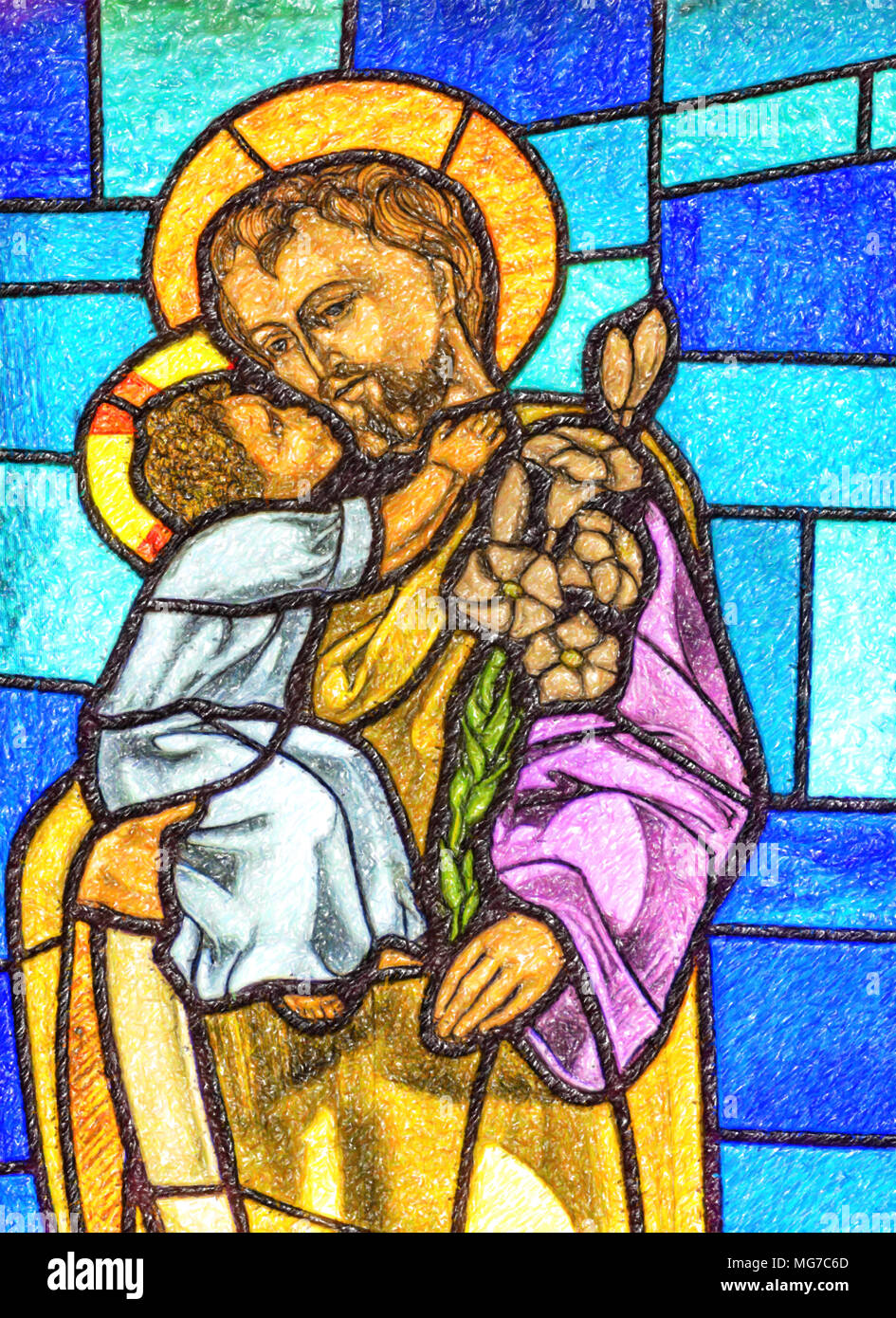 illustration of Saint Joseph holds Baby Jesus in his arms while he is ...