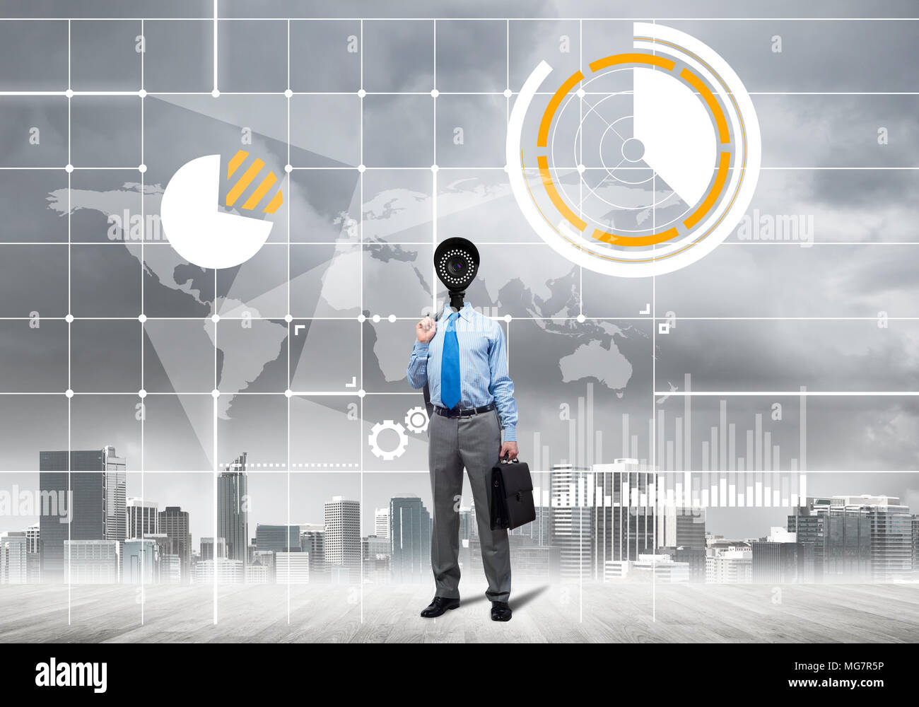 Camera headed man standing on wooden floor against modern cityscape ...