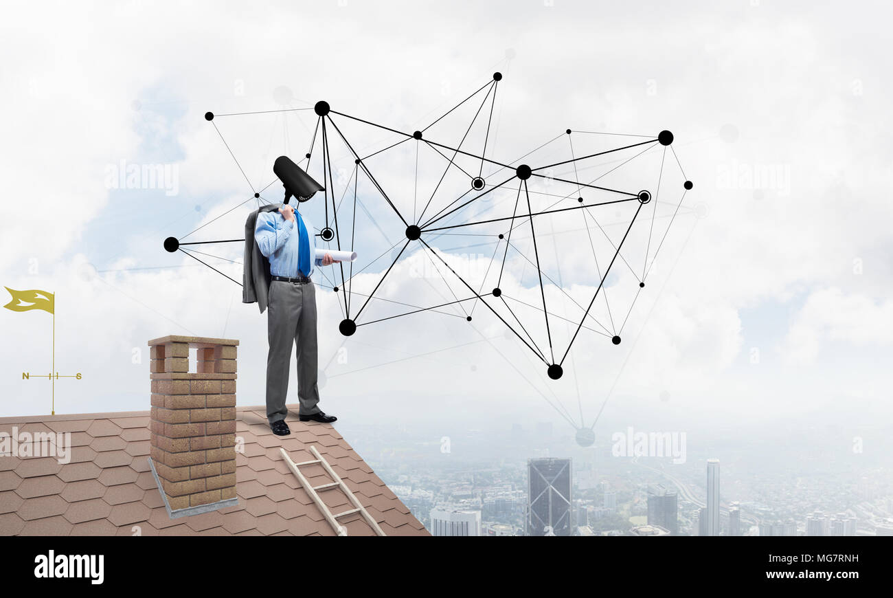 Concept of home security and privacy protection with camera headed man ...