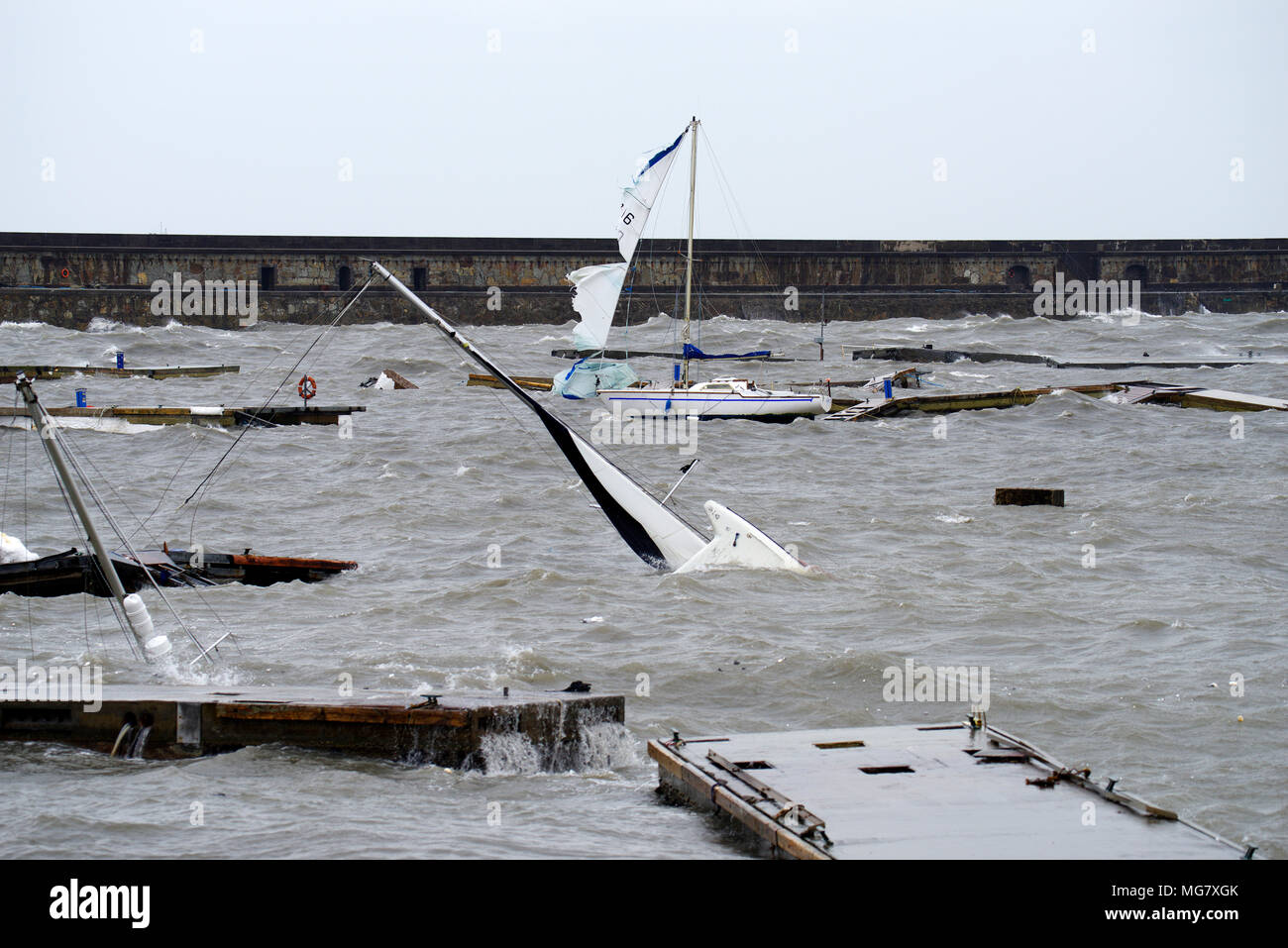 Holyhead Marina Wrecked by storm Stock Photo - Alamy