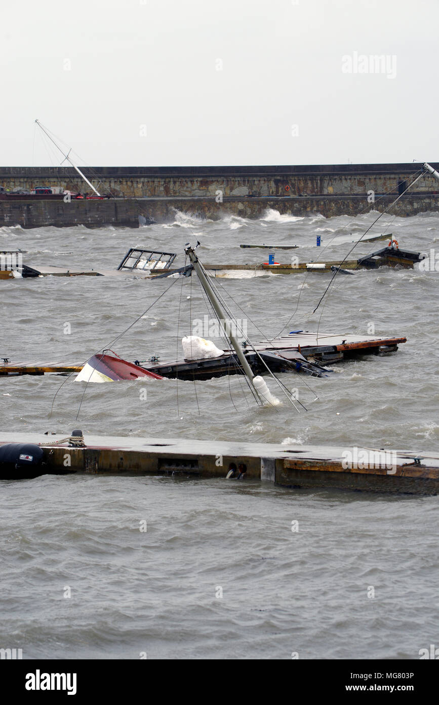 Holyhead Marina Wrecked by storm Stock Photo - Alamy