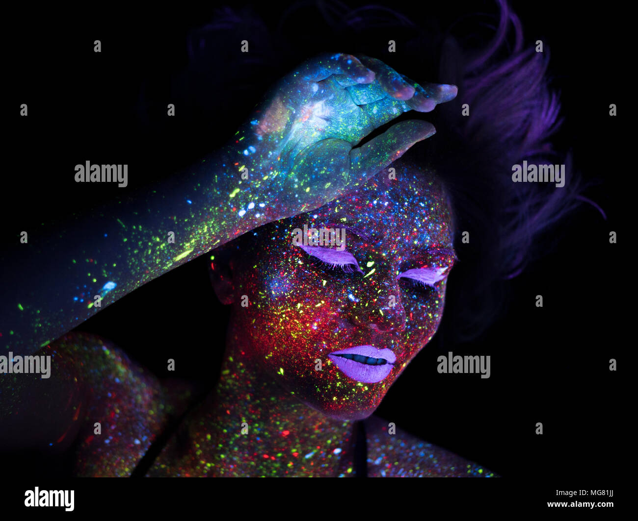 Portrait of Beautiful Fashion Woman in Neon UF Light. Model Girl with ...