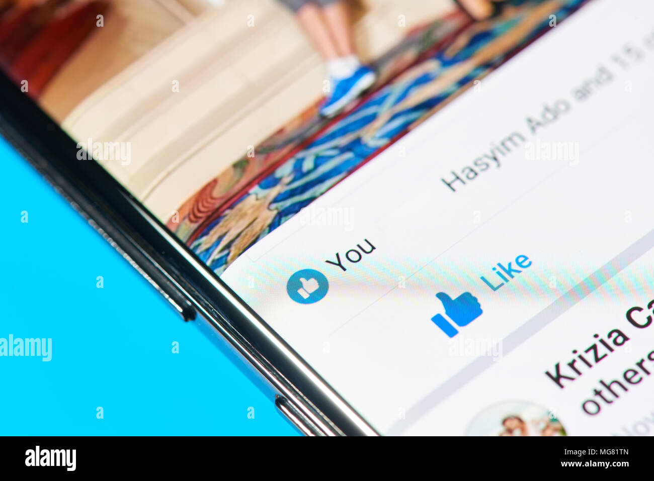 New york, USA - April 27, 2018: Liking post in facebook close-up on ...