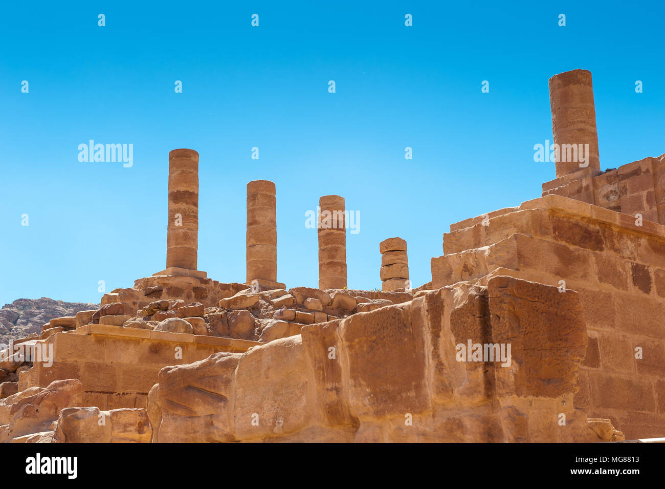 Roman columns of the Great temple complex in Petra (Rose City), Jordan ...