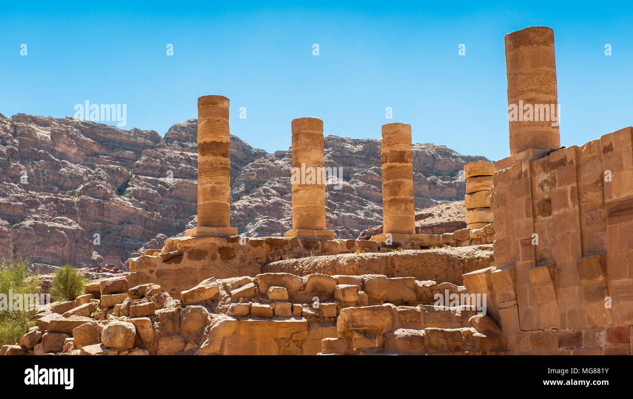 Roman columns of the Great temple complex in Petra (Rose City), Jordan ...
