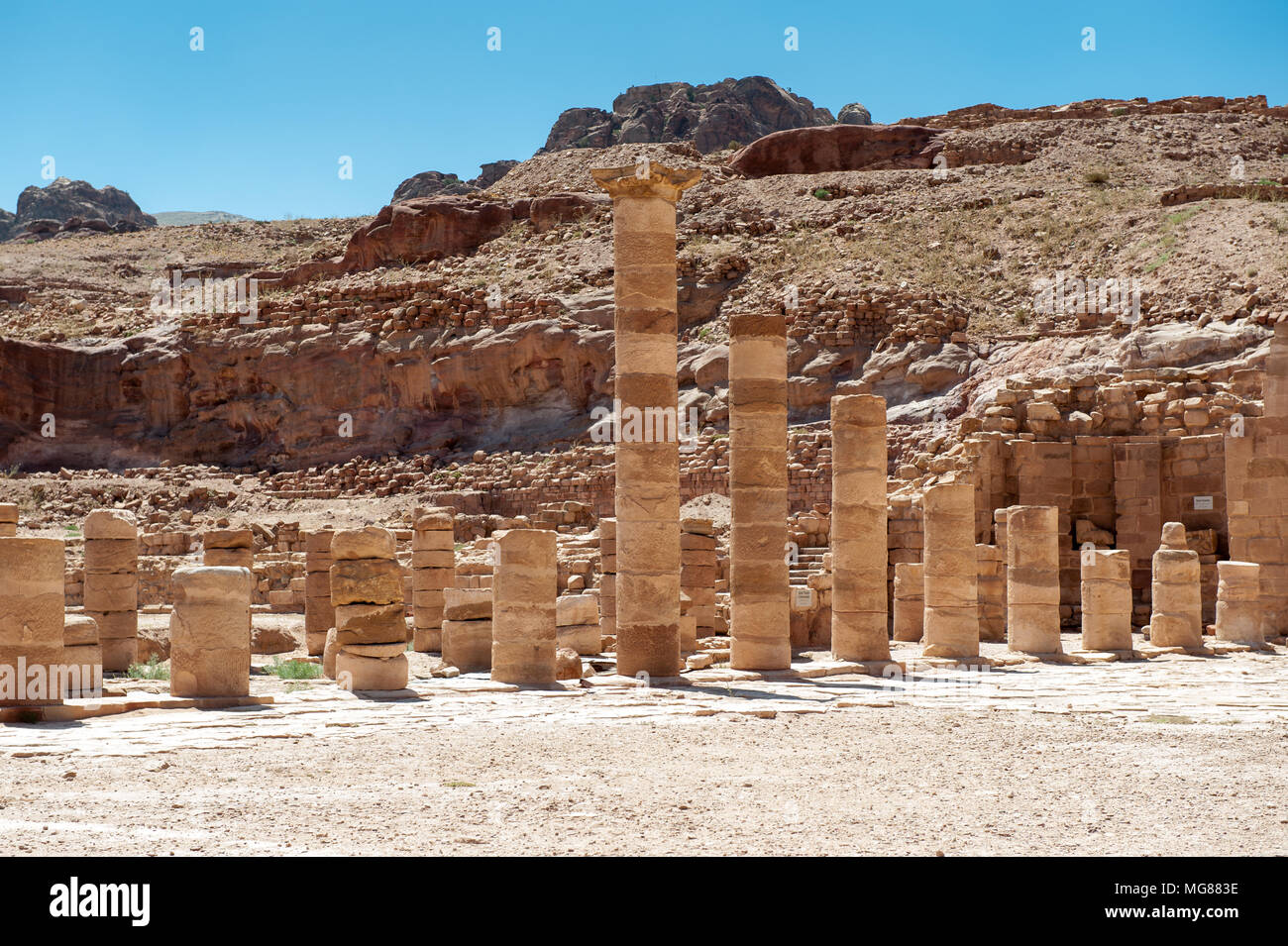 Roman columns of the Great temple complex in Petra (Rose City), Jordan ...