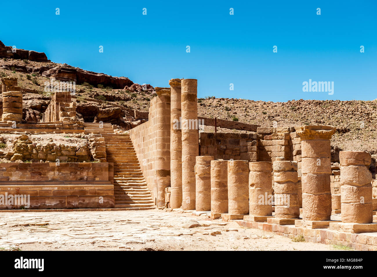 Roman columns of the Great temple complex in Petra (Rose City), Jordan ...