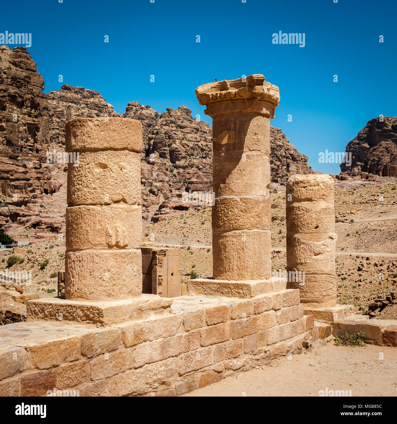 Roman columns of the Great temple complex in Petra (Rose City), Jordan ...