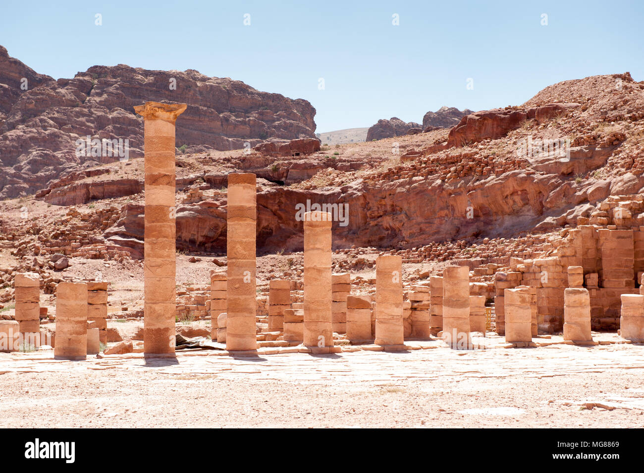 Roman columns of the Great temple complex in Petra (Rose City), Jordan ...