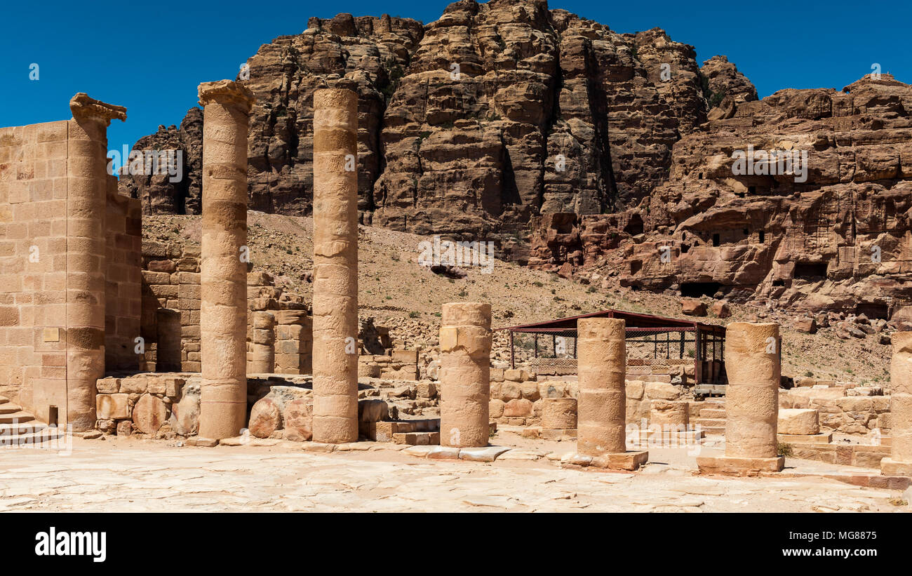 Roman columns of the Great temple complex in Petra (Rose City), Jordan ...