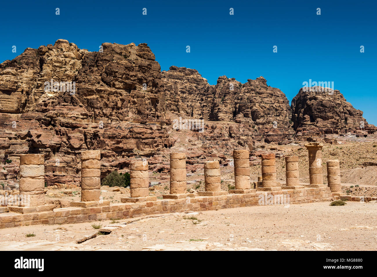 Roman columns of the Great temple complex in Petra (Rose City), Jordan ...