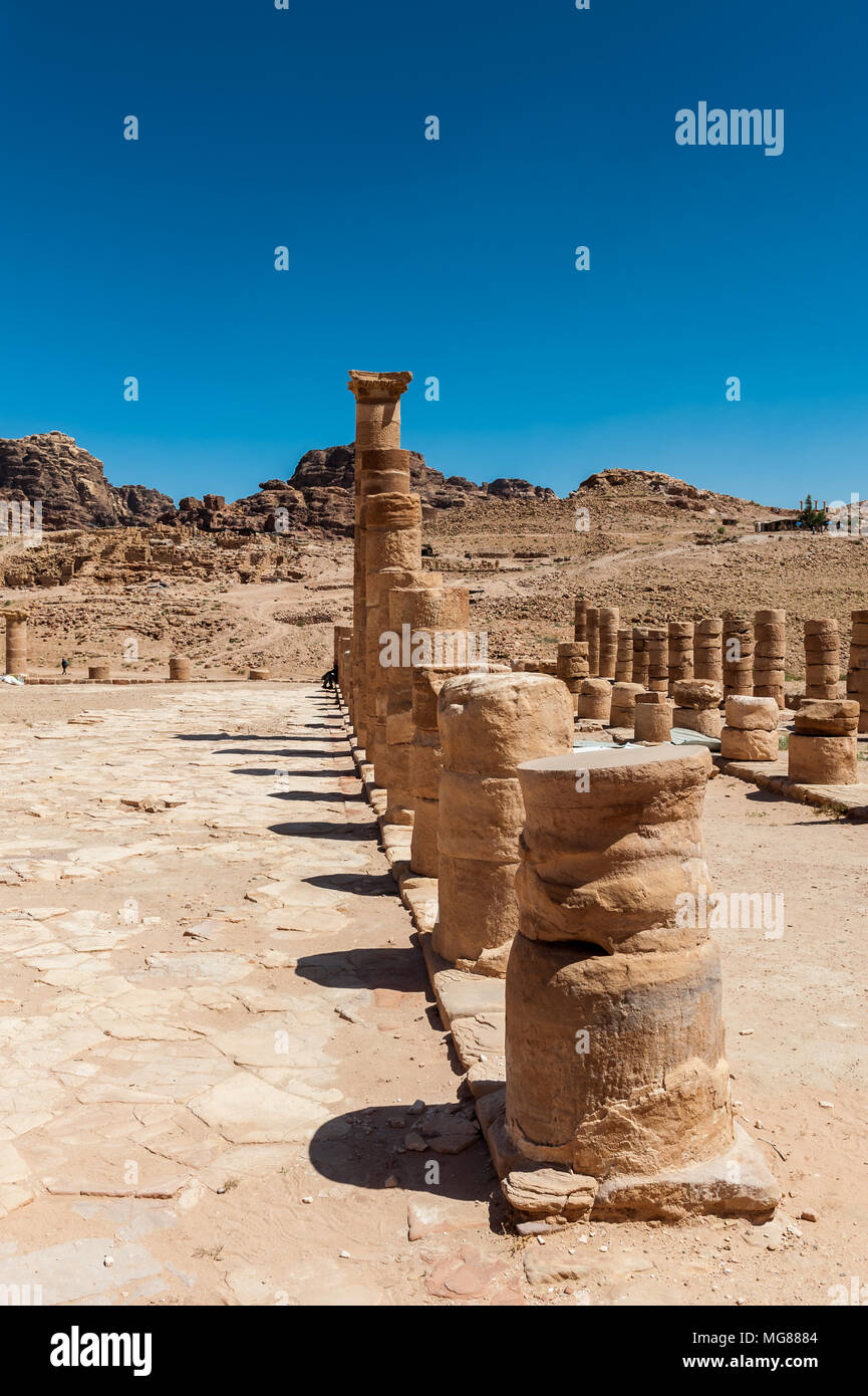 Roman columns of the Great temple complex in Petra (Rose City), Jordan ...