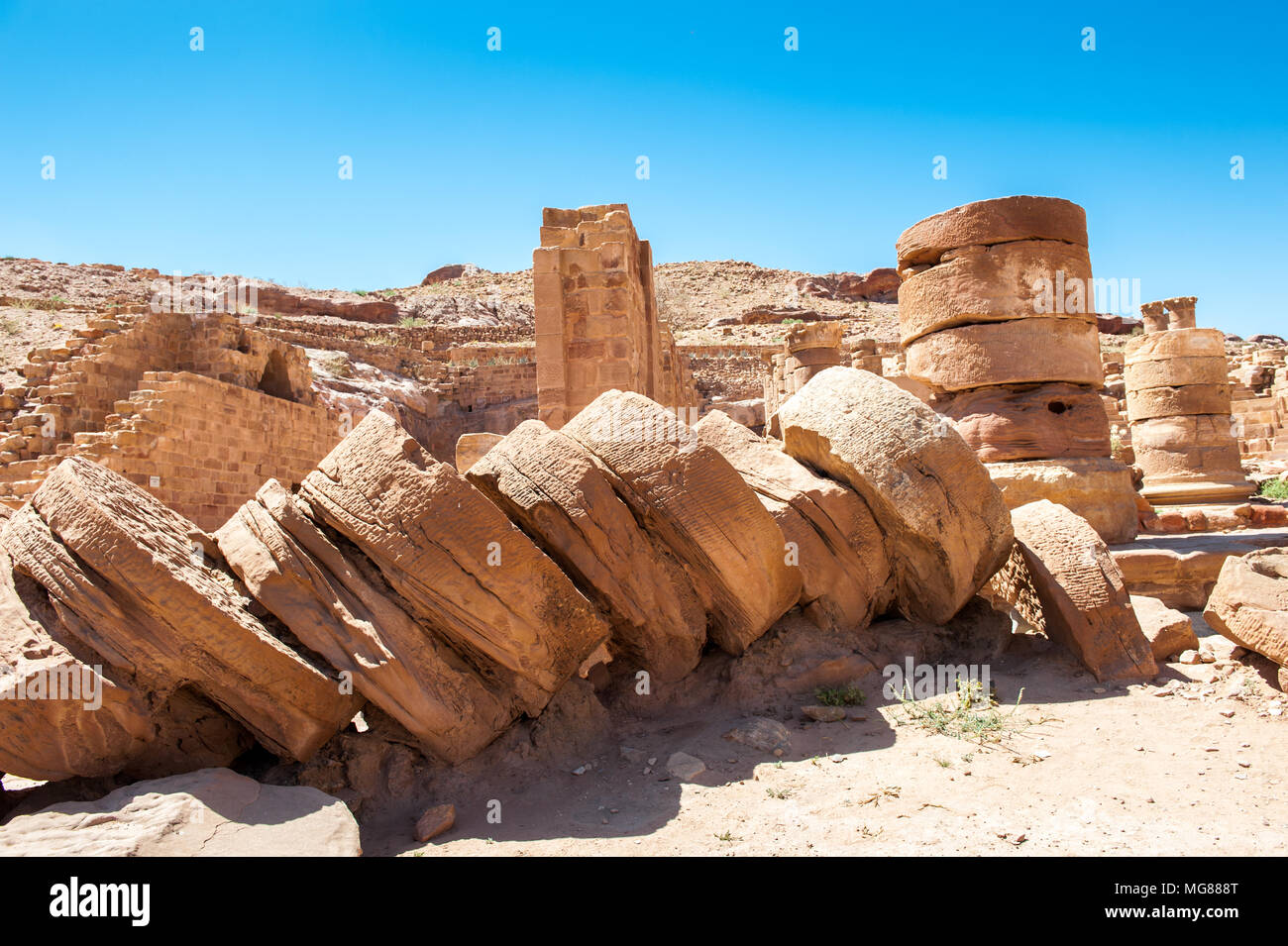 Roman columns of the Great temple complex in Petra (Rose City), Jordan ...