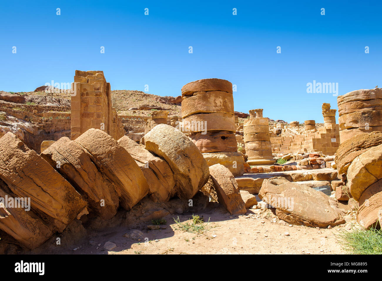 Roman columns of the Great temple complex in Petra (Rose City), Jordan ...
