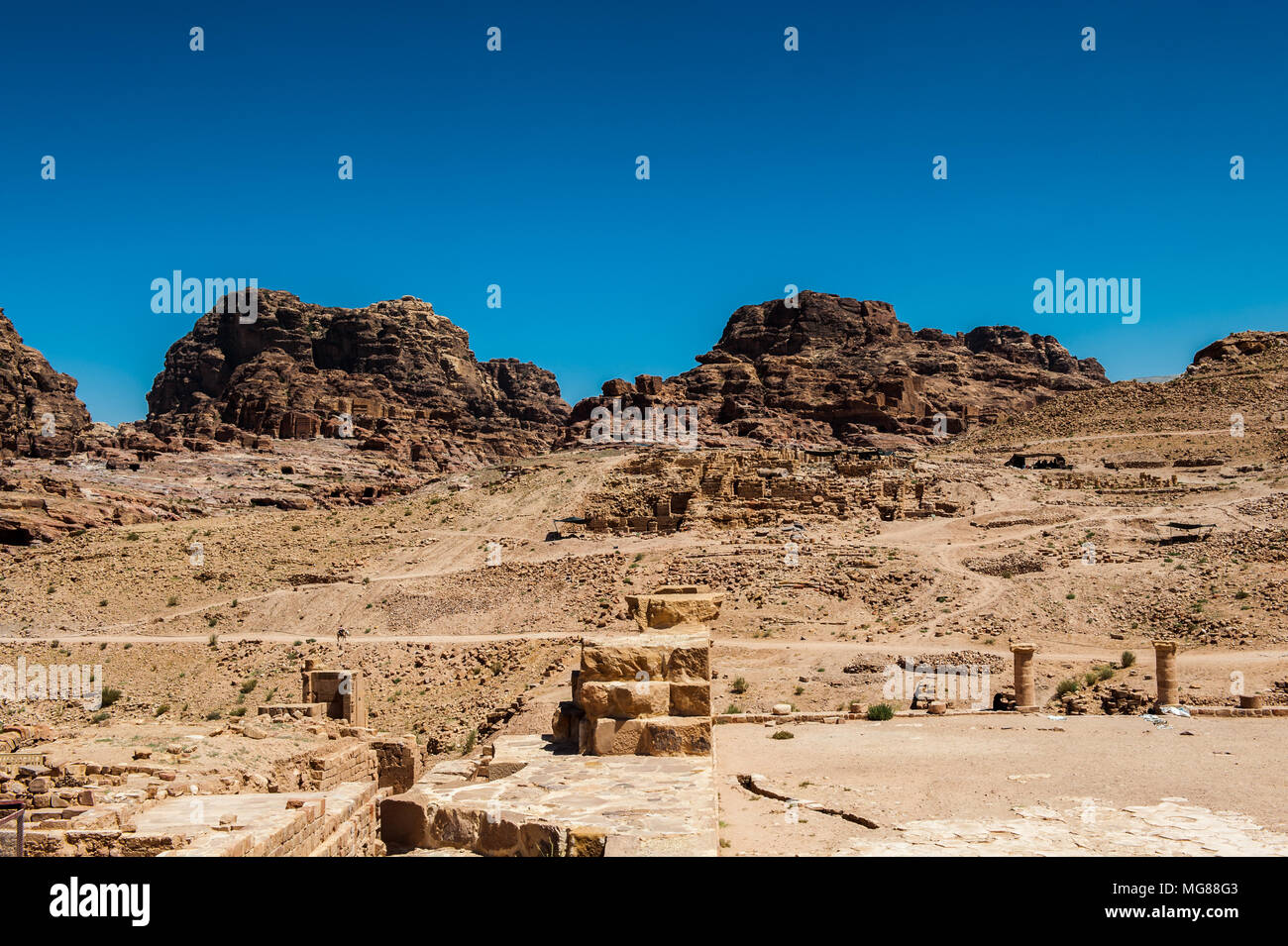 Roman columns of the Great temple complex in Petra (Rose City), Jordan ...