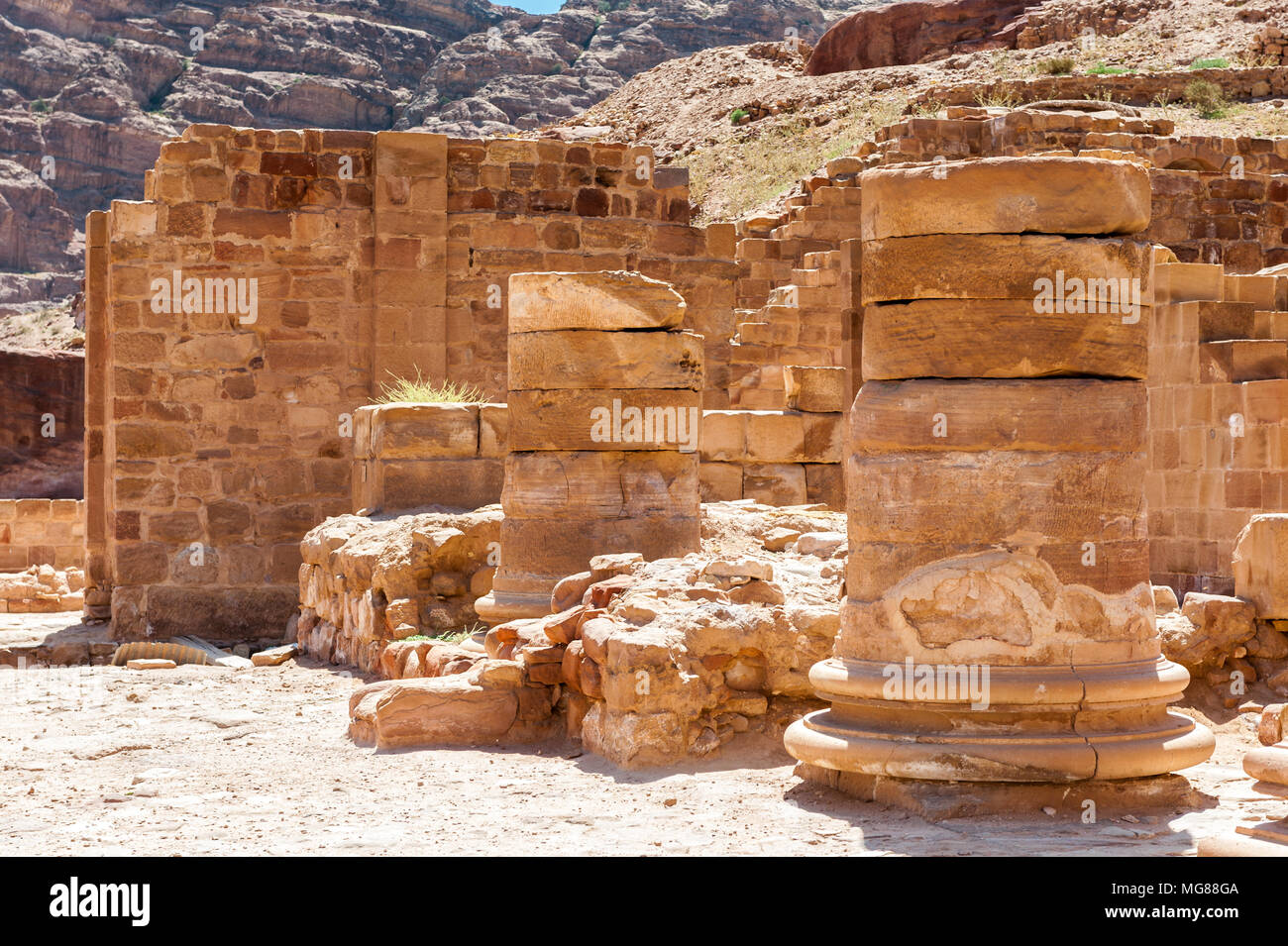 Roman columns of the Great temple complex in Petra (Rose City), Jordan ...