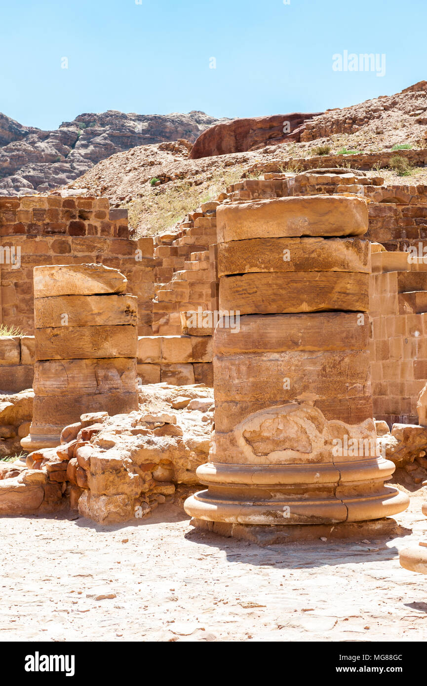 Roman columns of the Great temple complex in Petra (Rose City), Jordan ...