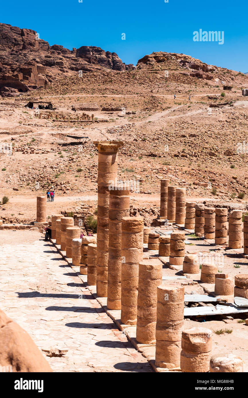 Roman columns of the Great temple complex in Petra (Rose City), Jordan ...