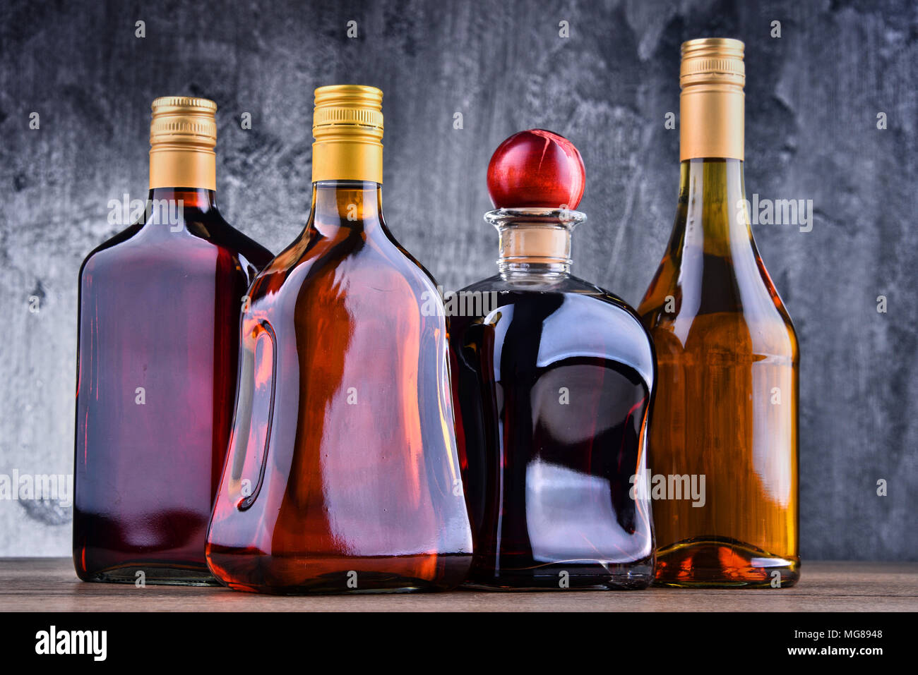 Composition with bottles of assorted alcoholic beverages Stock Photo ...