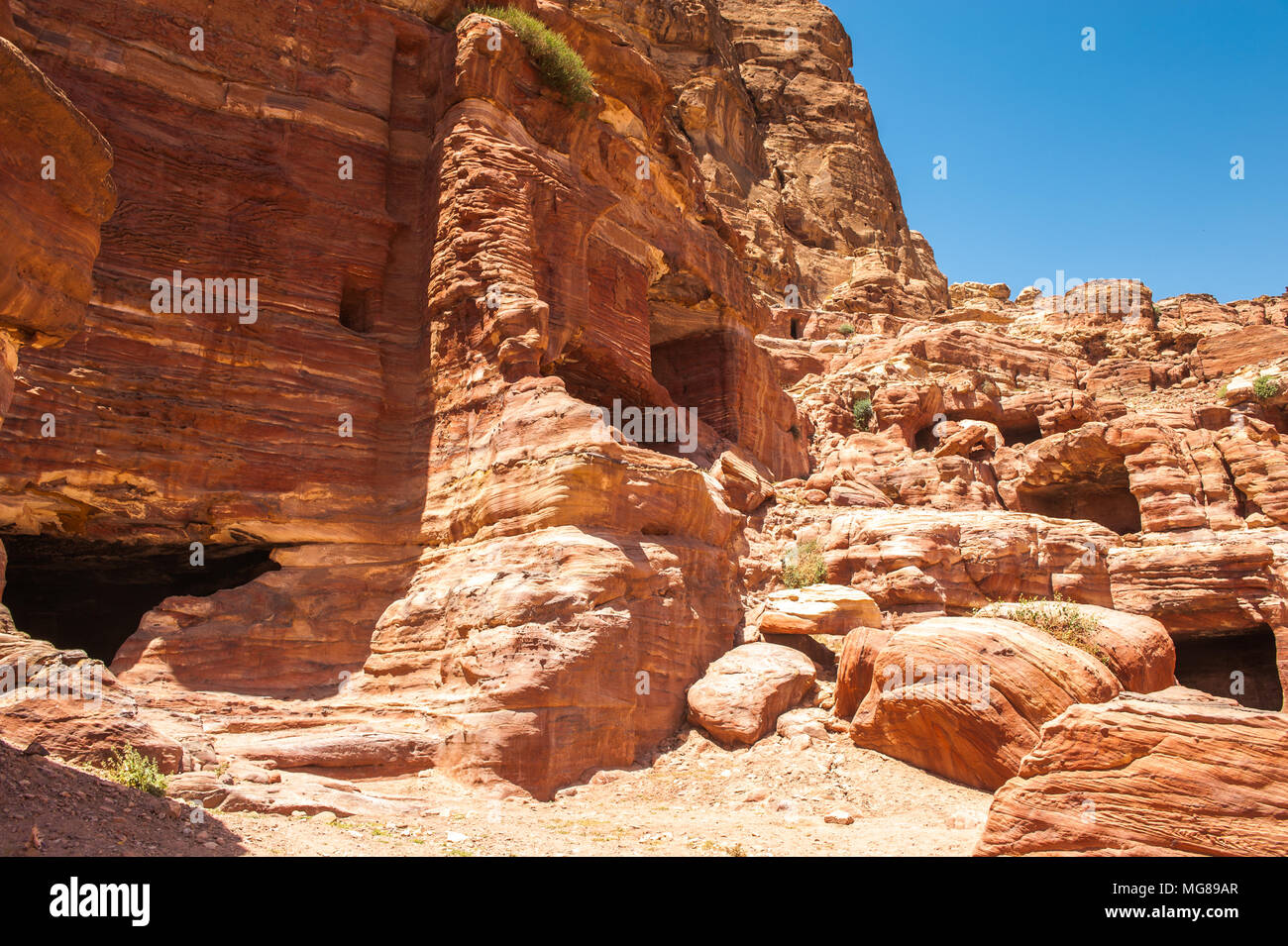 Red sandstone rocks in Petra (Rose City), Jordan. The city of Petra was ...