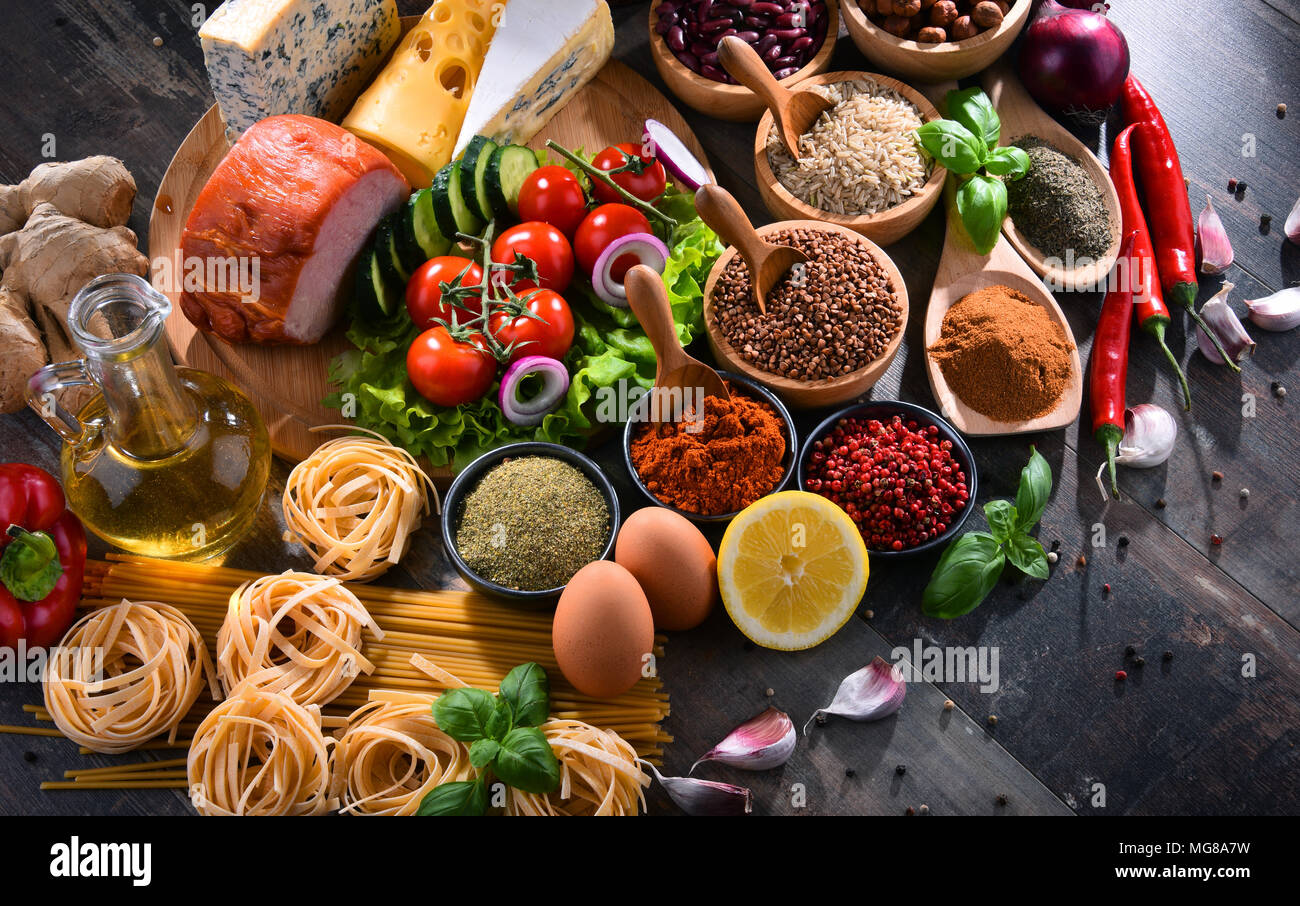 Composition with assorted organic food products on the table Stock ...
