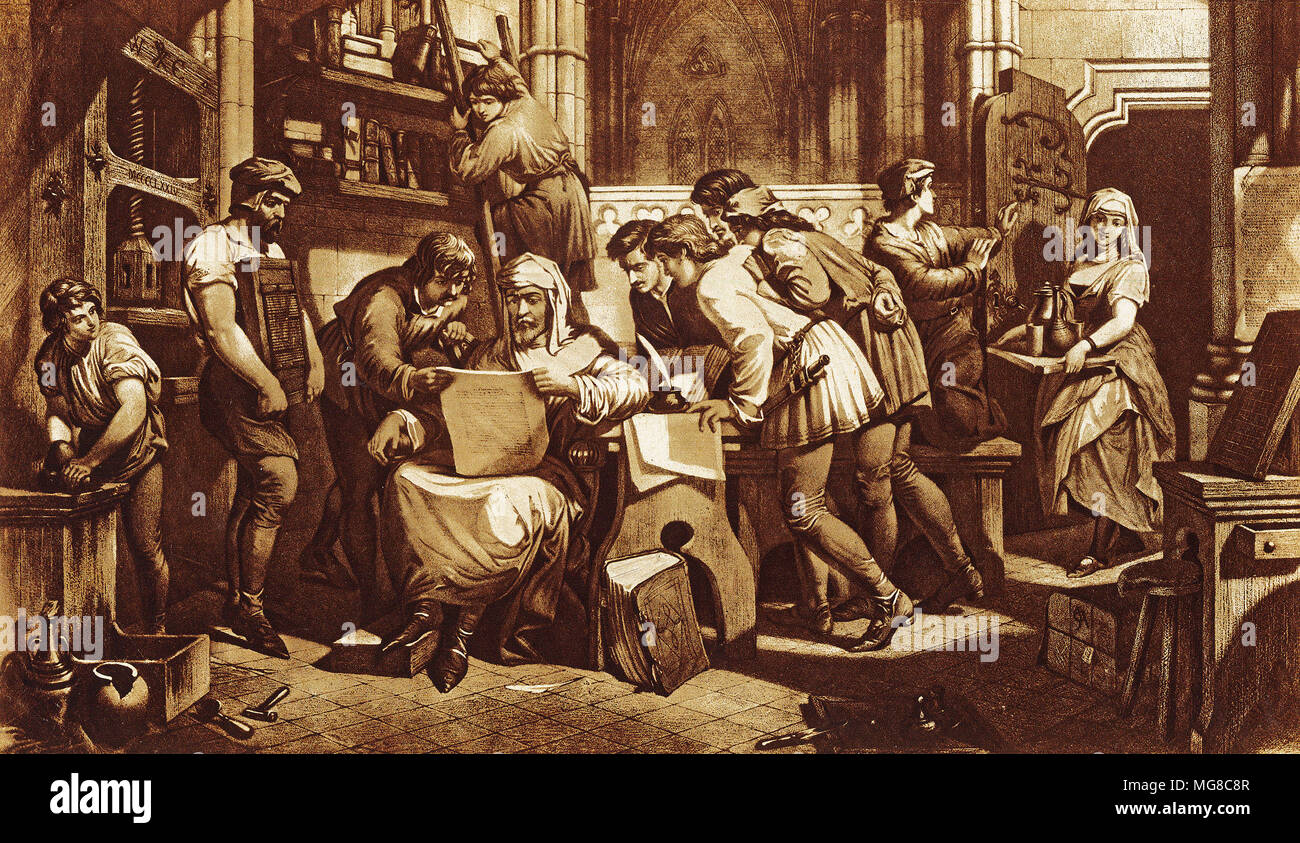 William Caxton checks the first proof off his new printing press Stock ...