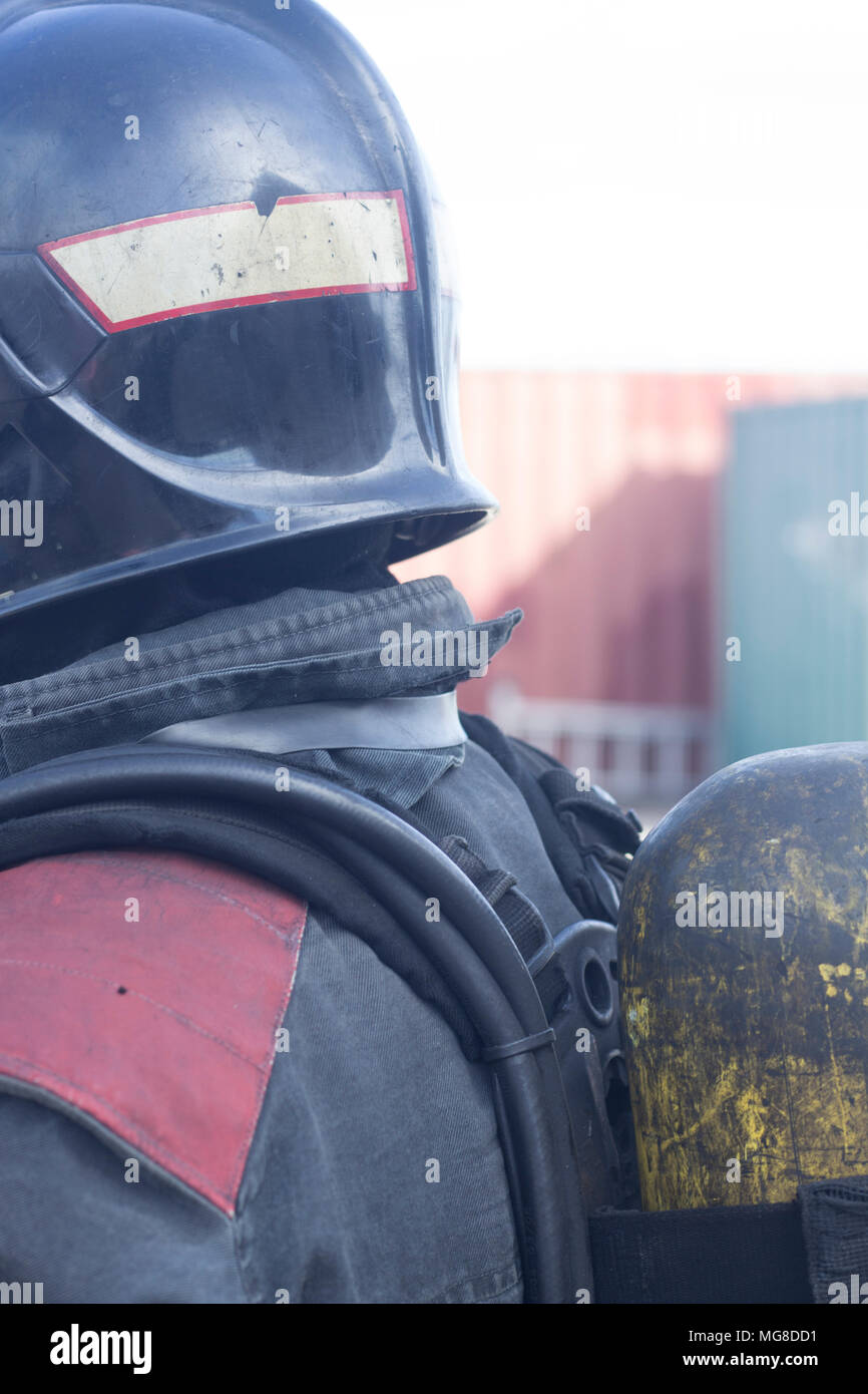 Firefighter putting out fire training station extinguisher backdraft ...