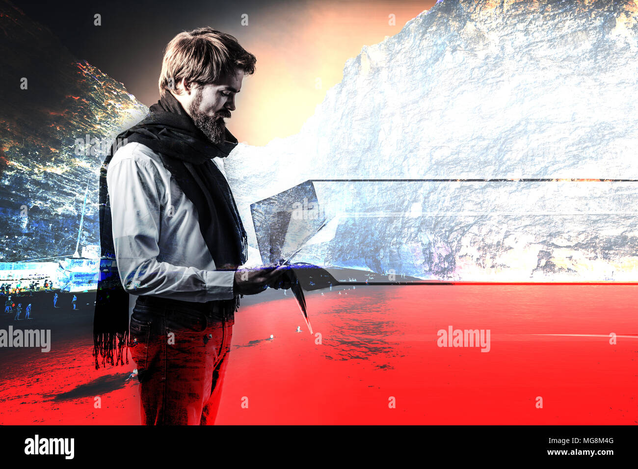Conceptual studio portrait of bearded crazy genius artist, writer or ...