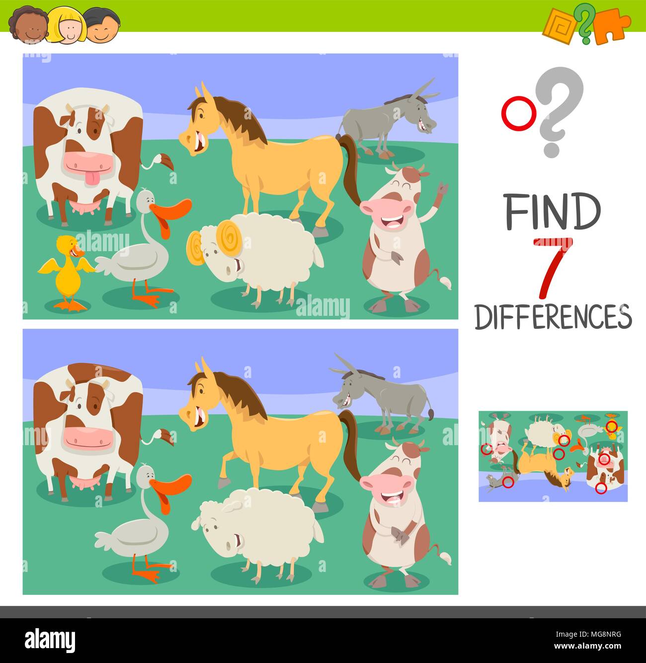 Cartoon Illustration of Finding Seven Differences Between Pictures Educational Activity Game for ...