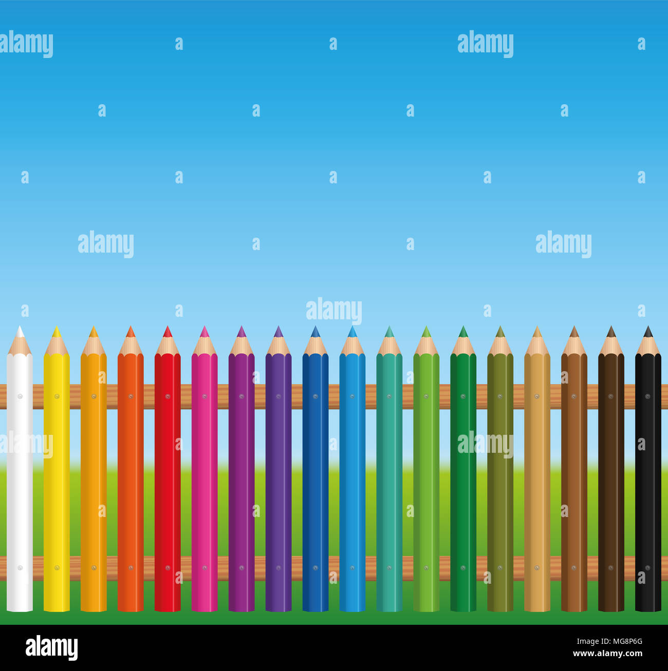 Colorful fence constructed from colored crayons - illustration on blue ...