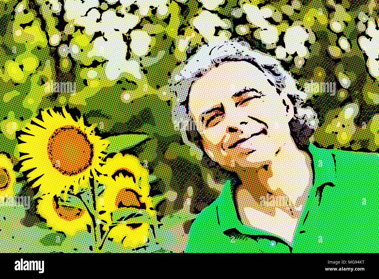 illustration of mature man smiling and winking beside of sunflowers in ...