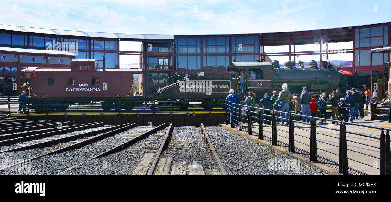 A Baldwin locomotive # 26 on the turntable located at Steamtown National Historic Site located ...