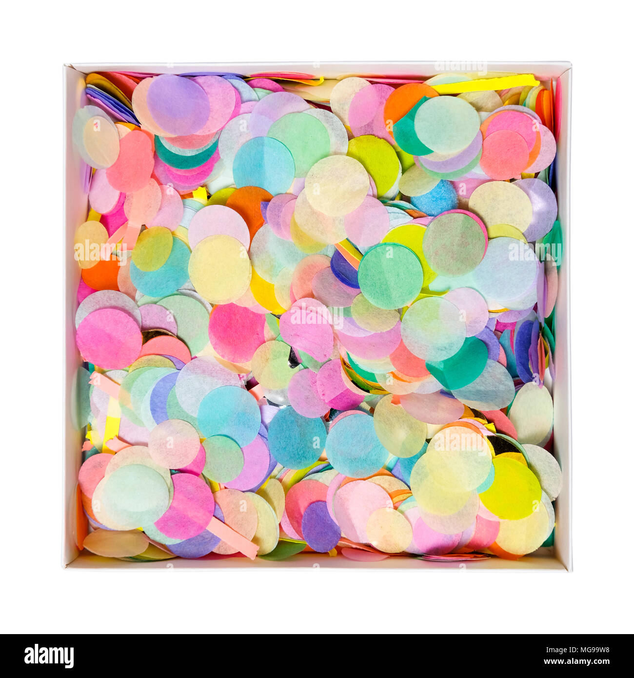 Open box with colorful confetti isolated on white background Stock ...