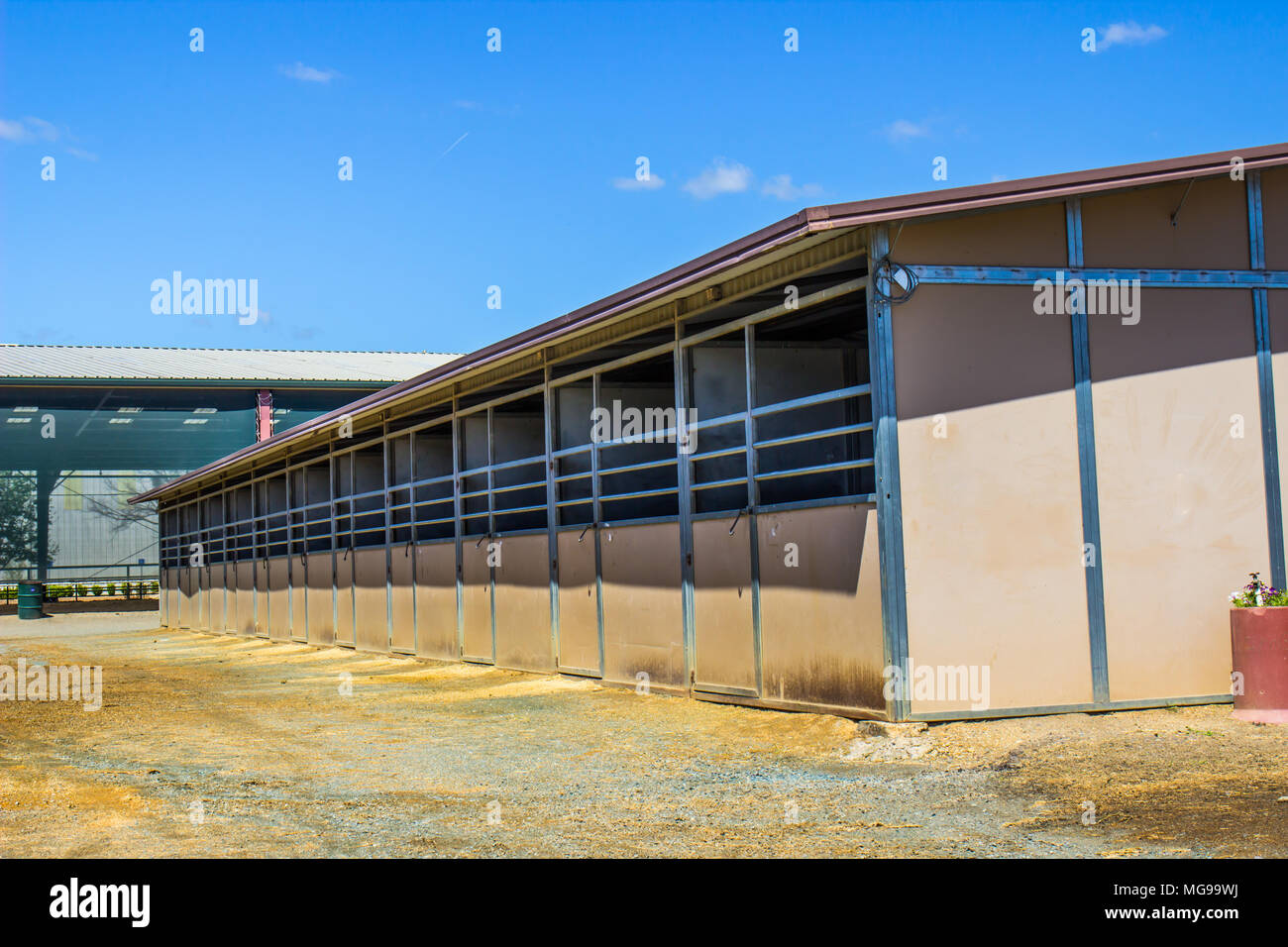 Horse Paddocks/Stables In Front Of Equestrian Arena Stock Photo - Alamy