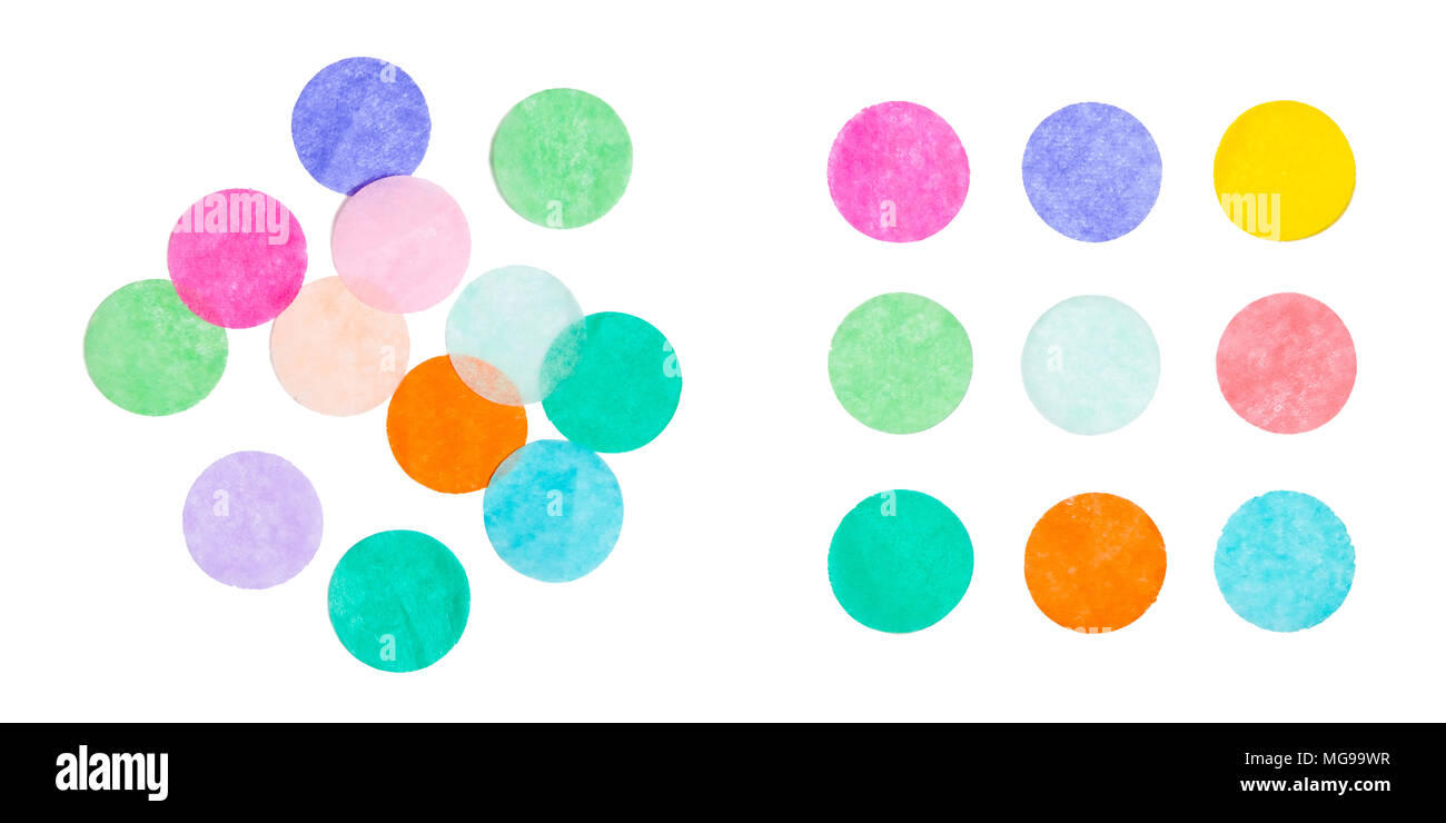 The concept of chaos and order. Chaotic colorful confetti lying around ...