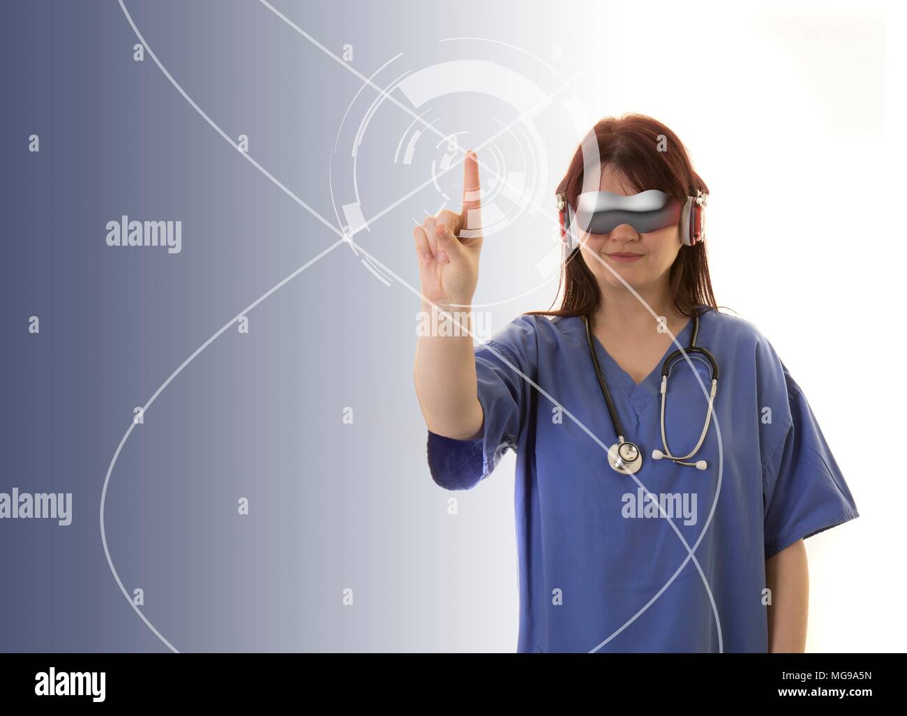 Female doctor wearing virtual reality headset and chart on virtual ...