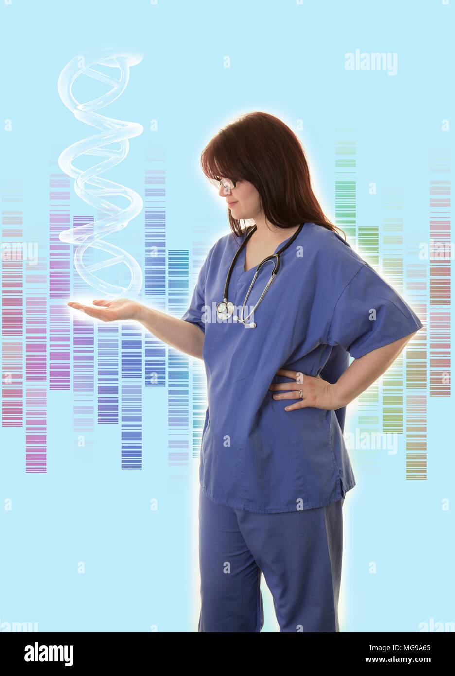 Female doctor holding DNA (deoxyribonucleic acid) strand Stock Photo ...