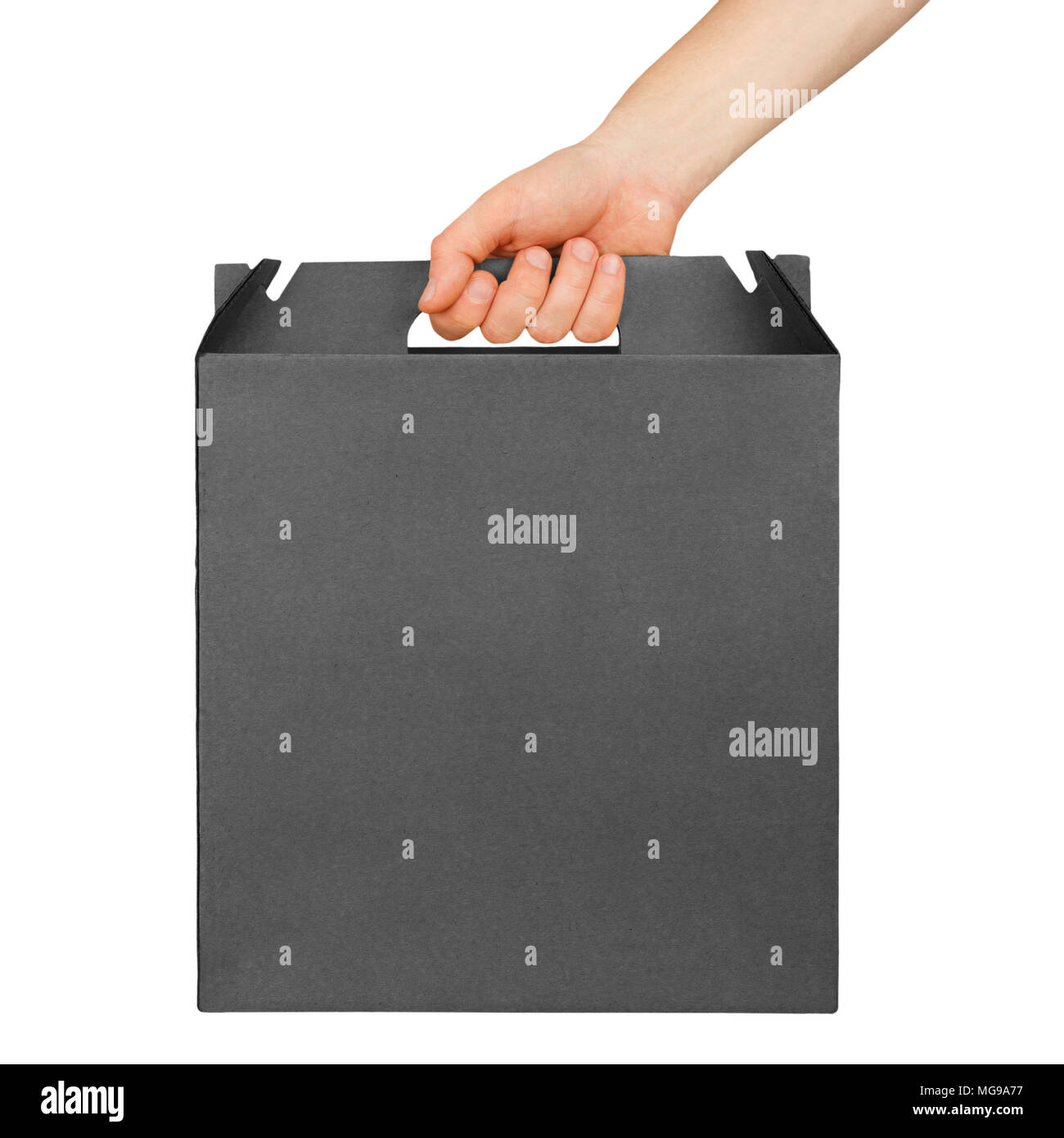 Male hand holding black cardboard box with handle Stock Photo - Alamy