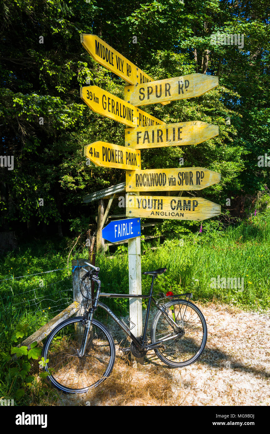 Bicycle and raod sign in Middle Valley, Canterbury, South Island, New ...