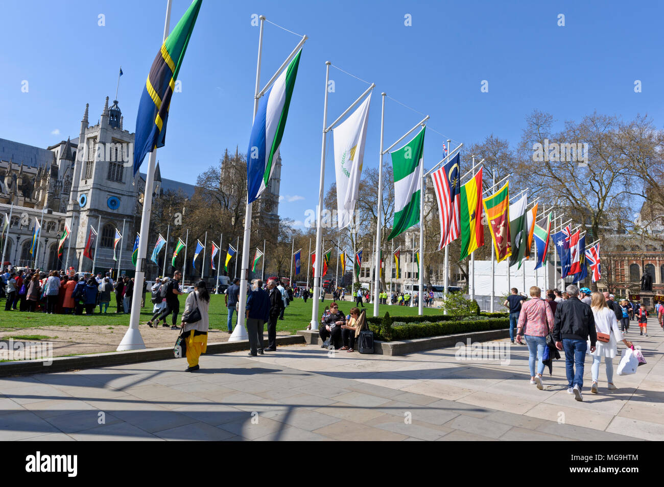 Flags of several nations on display in the Parliament Square, London ...