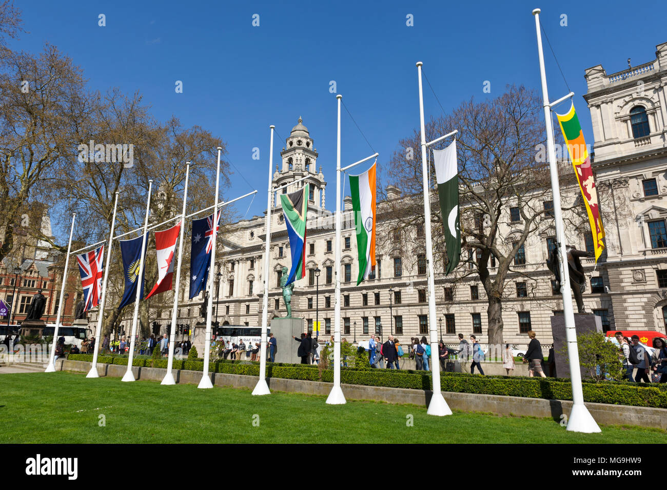 Flags of several nations on display in the Parliament Square, London ...