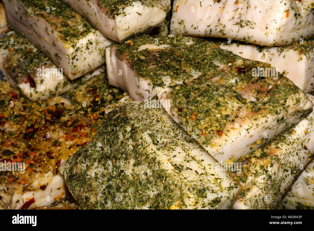 salt pork fatback with spicy herbs on the counter Stock Photo - Alamy