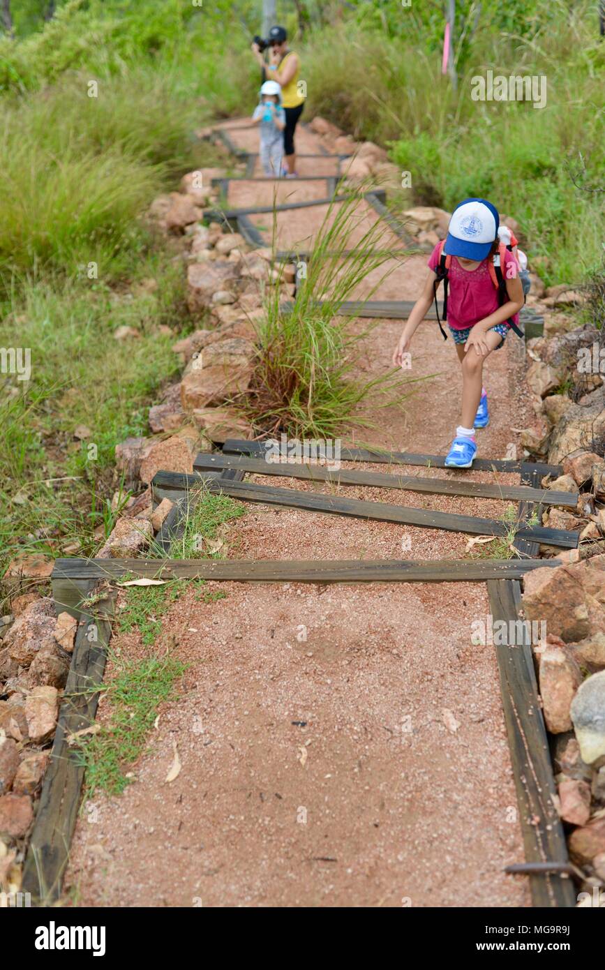 Young girl walking up steps in a forest, Mount Stuart hiking trails ...
